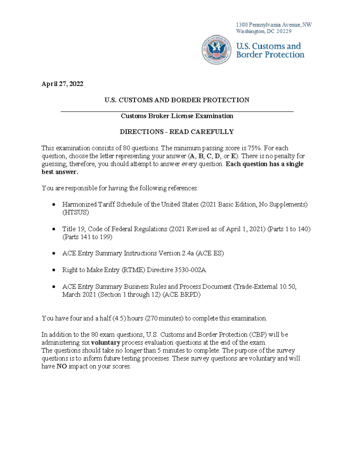 April 2022 Customs Broker License Exam Review Guide - Studocu