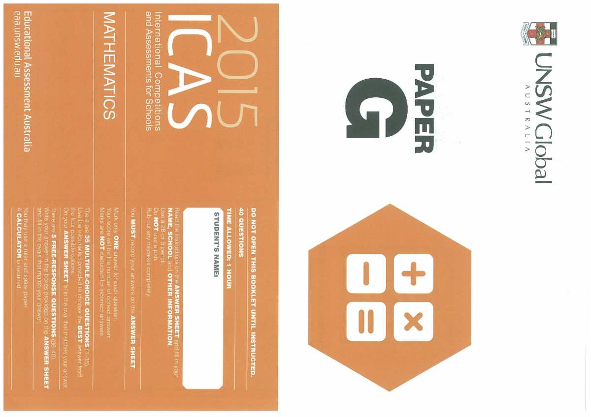 2015 ICAS Year 9 Mathematics Paper G - Final Exam Prep Guide - Studocu