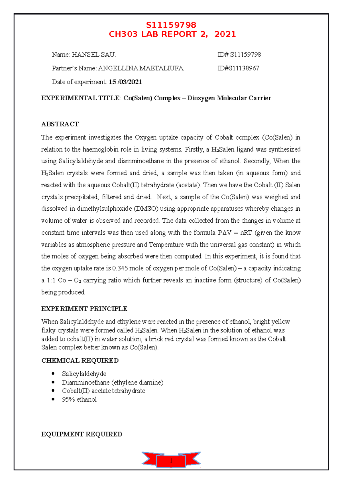 CH303 Lab Report: Co(Salen) Complex as Dioxygen Carrier - Studocu