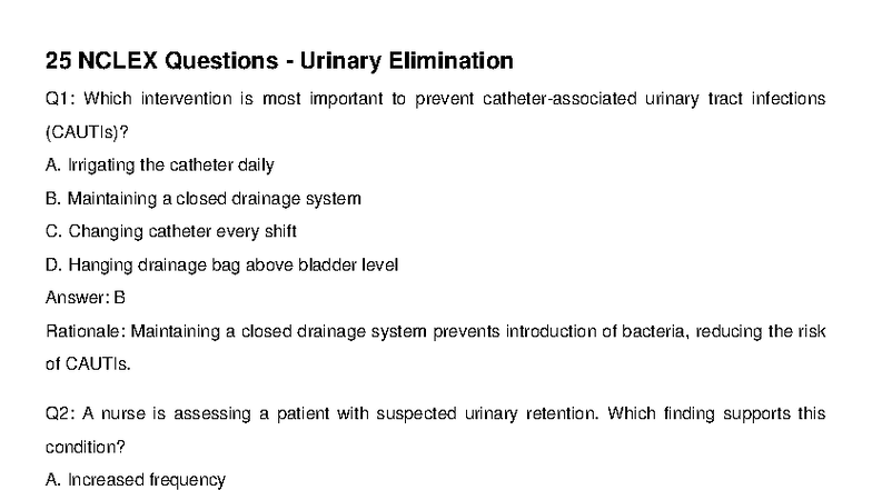 25 NCLEX Questions on Urinary Elimination and CAUTI Prevention - Studocu
