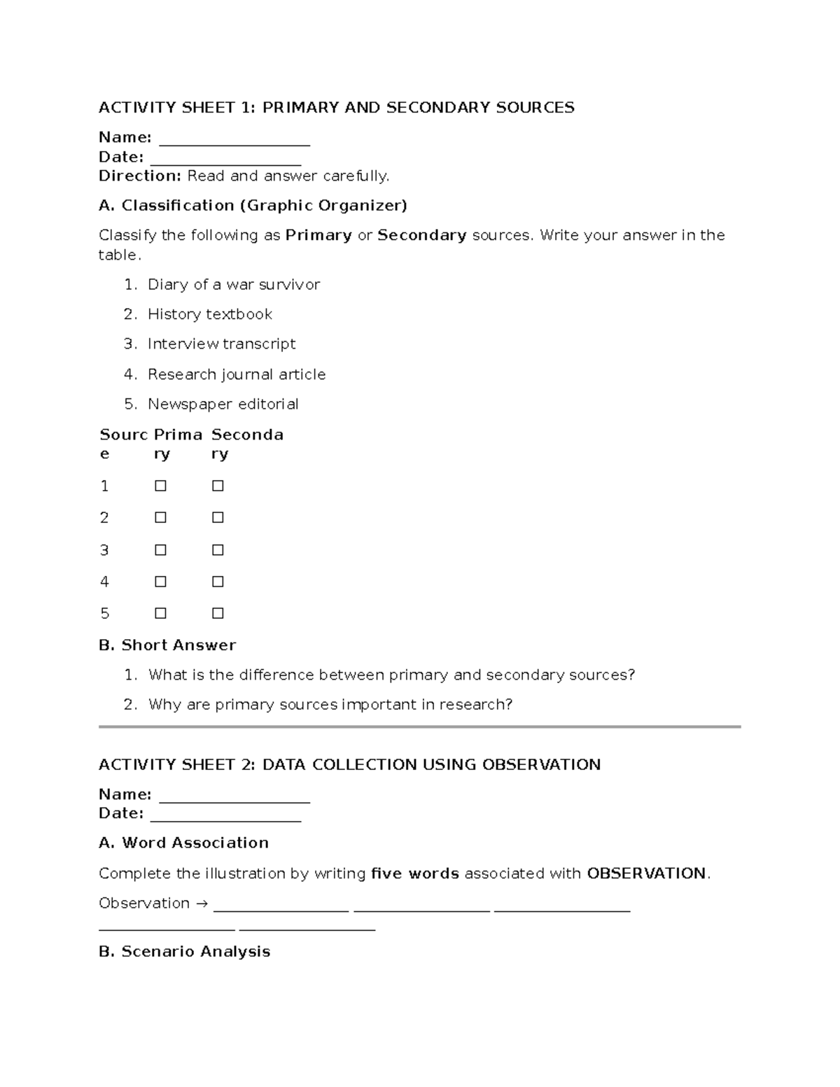 ACTIVITY SHEET 1: PRIMARY & SECONDARY SOURCES - Pracresearch 1 - Studocu