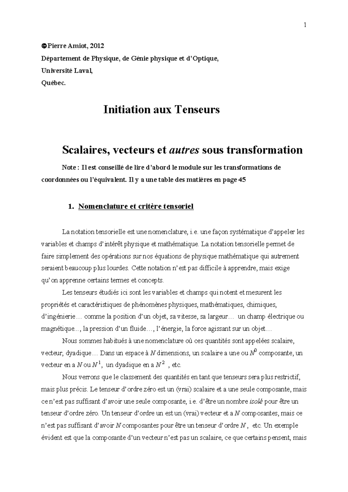 Tenseurs 01 10 12 - Initiation et Transformation des Coordonnées - Studocu