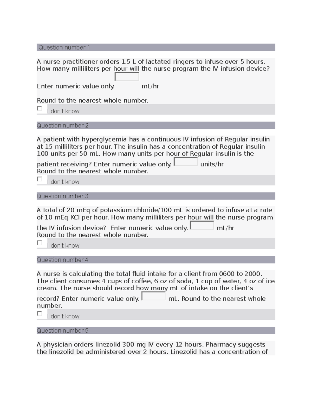 Dosage Calculation Worksheet 2: IV Infusion & Fluid Intake Problems ...