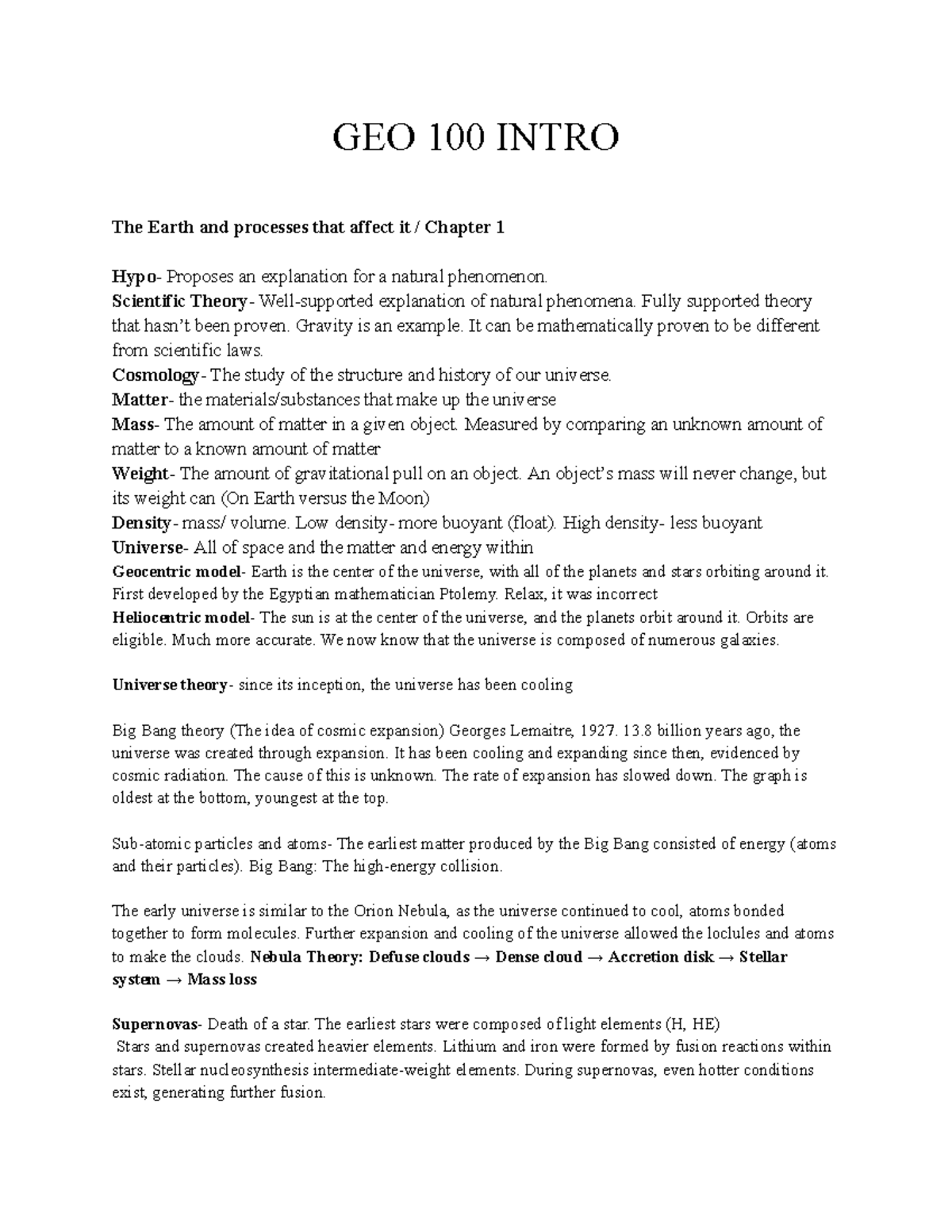 GEO 100 Intro: Earth Processes & Cosmic Theories Overview - Studocu