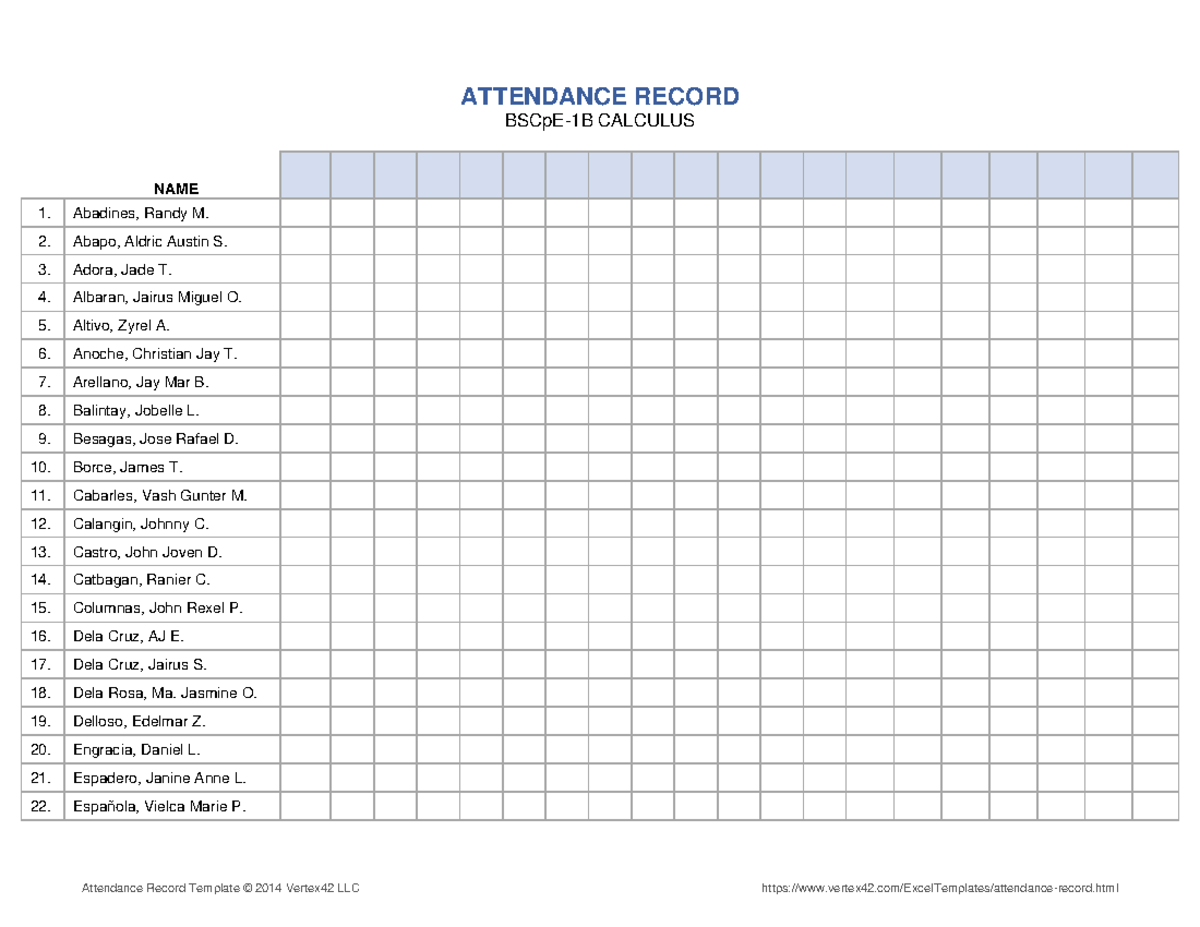 Attttttts - none - ATTENDANCE RECORD BSCpE-1B CALCULUS NAME 1. Abadines ...