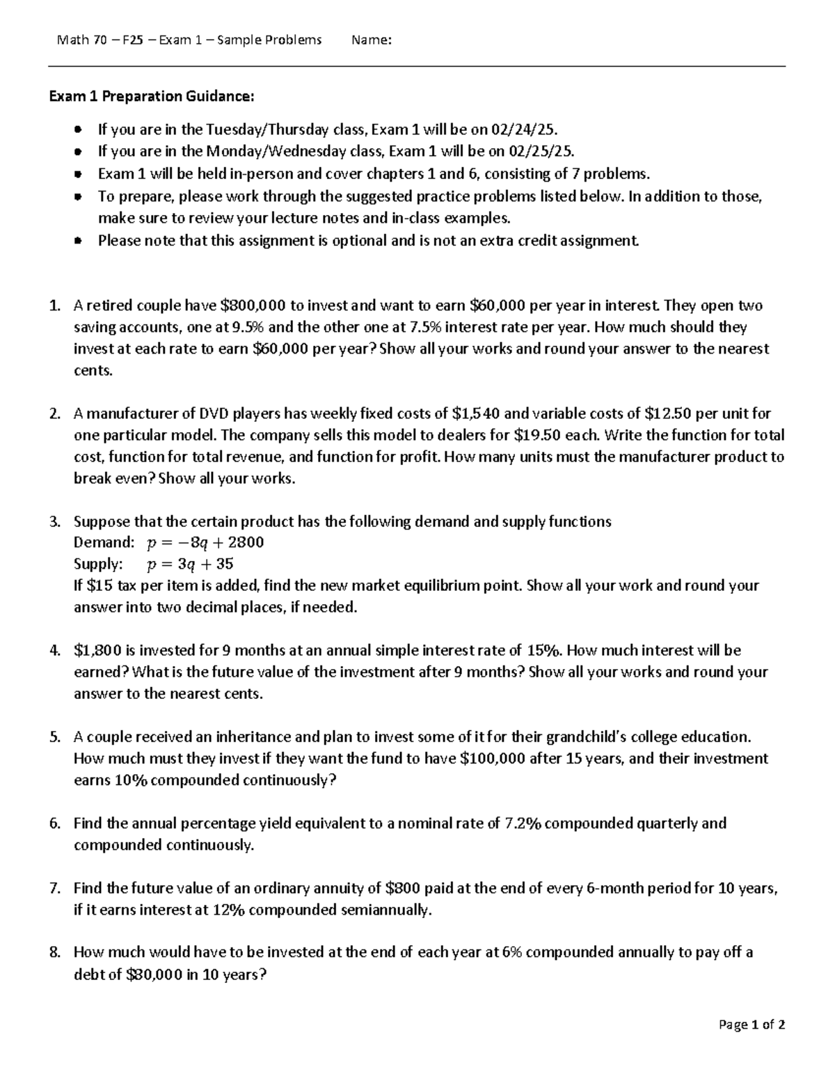 Math 70 – F25 – Exam 1 – Sample Problems - Studocu