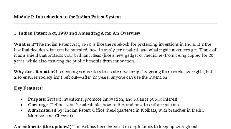 Module I: Intro to Indian Patent System - Key Features & Case Laws ...