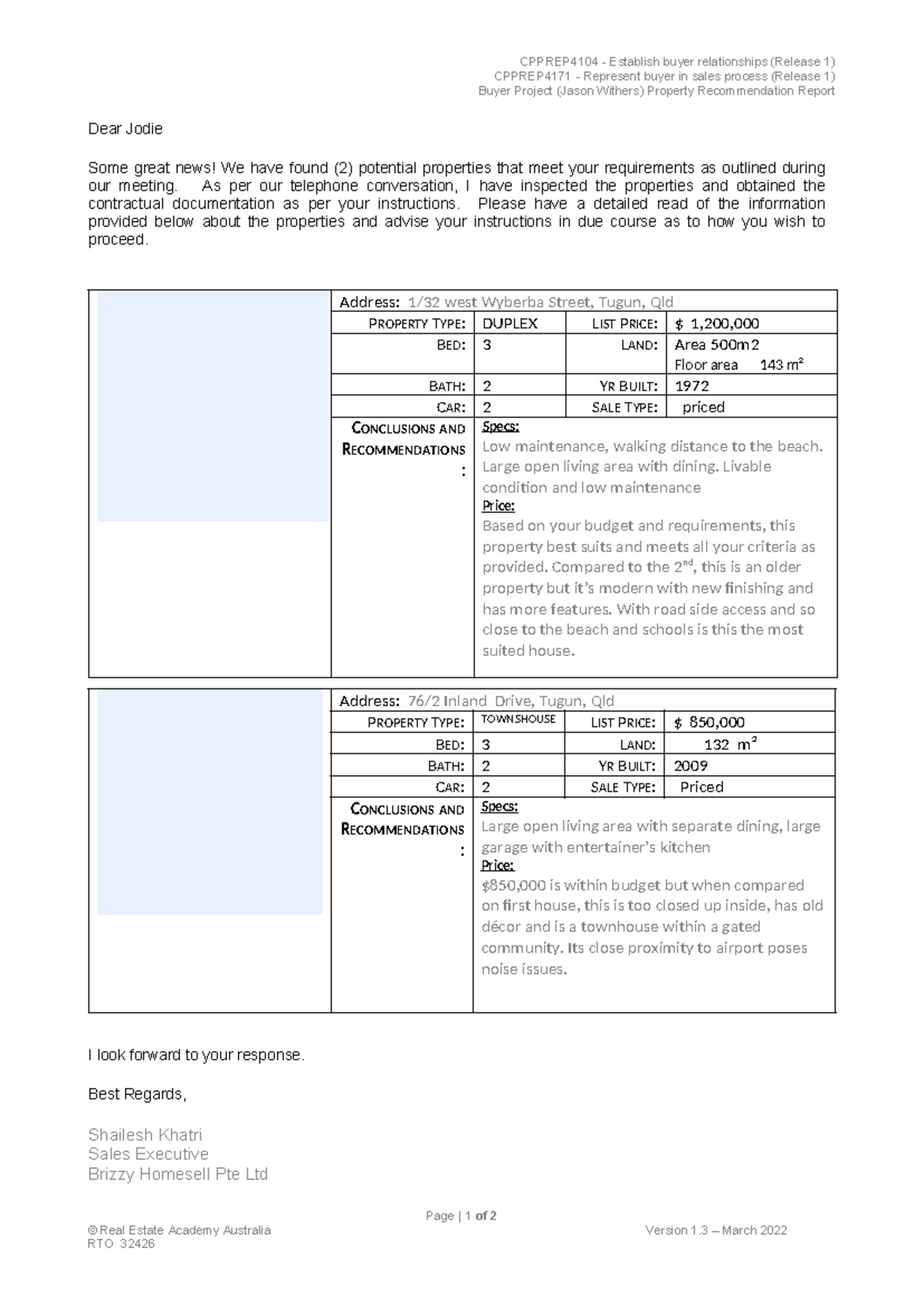 REAA - CPPREP 4104 - Buyer Property Recommendation Report v1 - Studocu