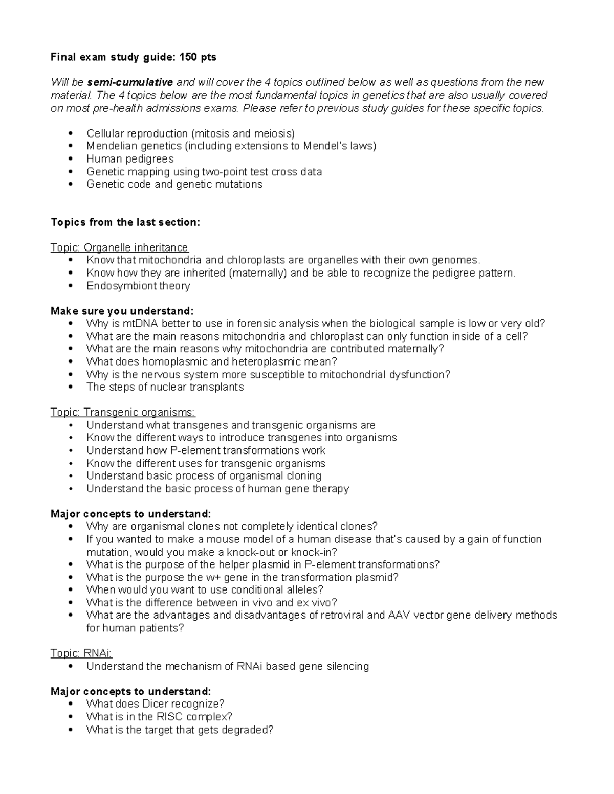Genetics Final Exam Study Guide (150 pts) - Key Topics Overview - Studocu