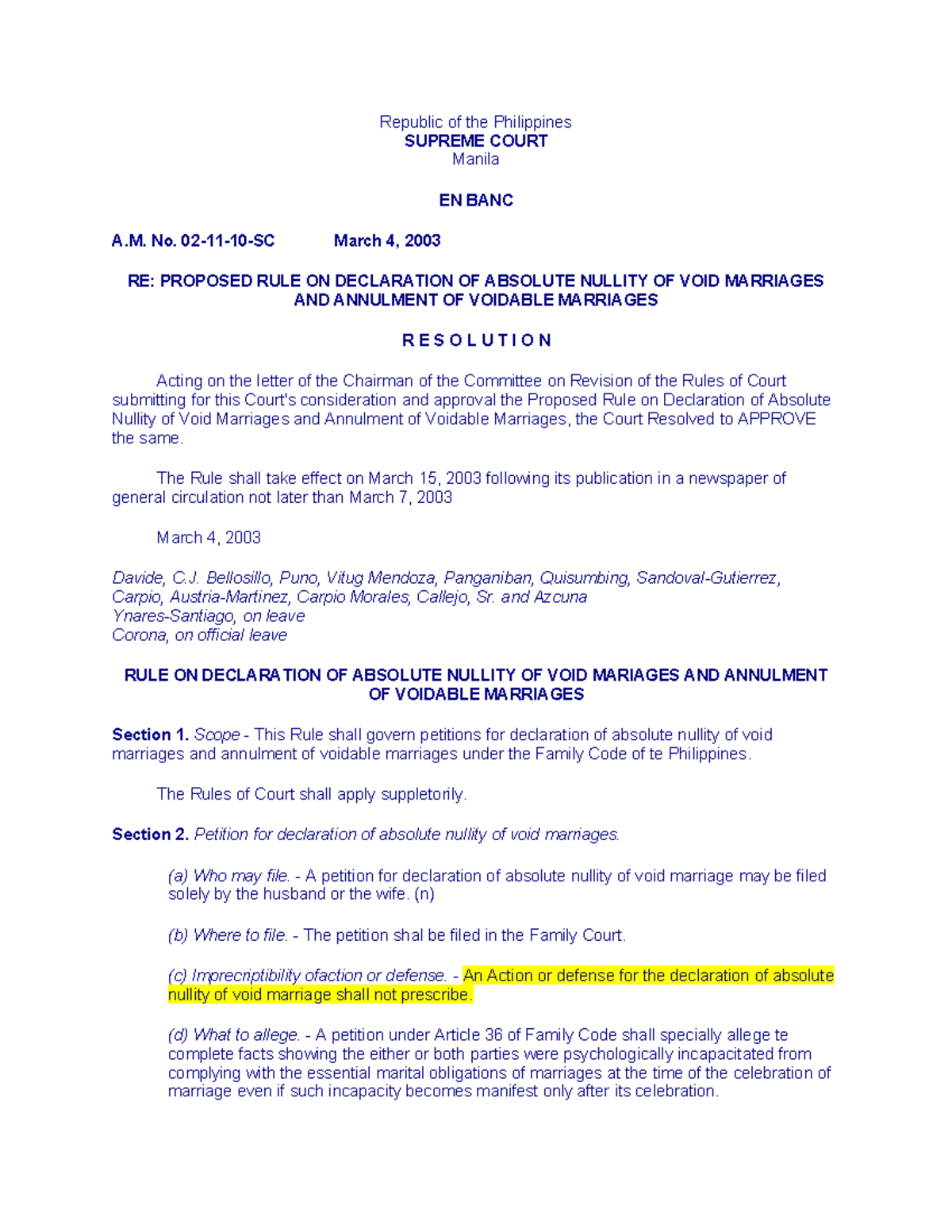 Proposed Rule on Absolute Nullity & Annulment of Marriages (A. No. 02 ...