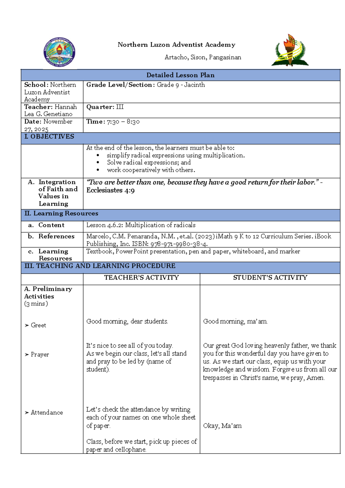 Grade 9 Math Lesson Plan: Multiplication of Radical Expressions - Studocu