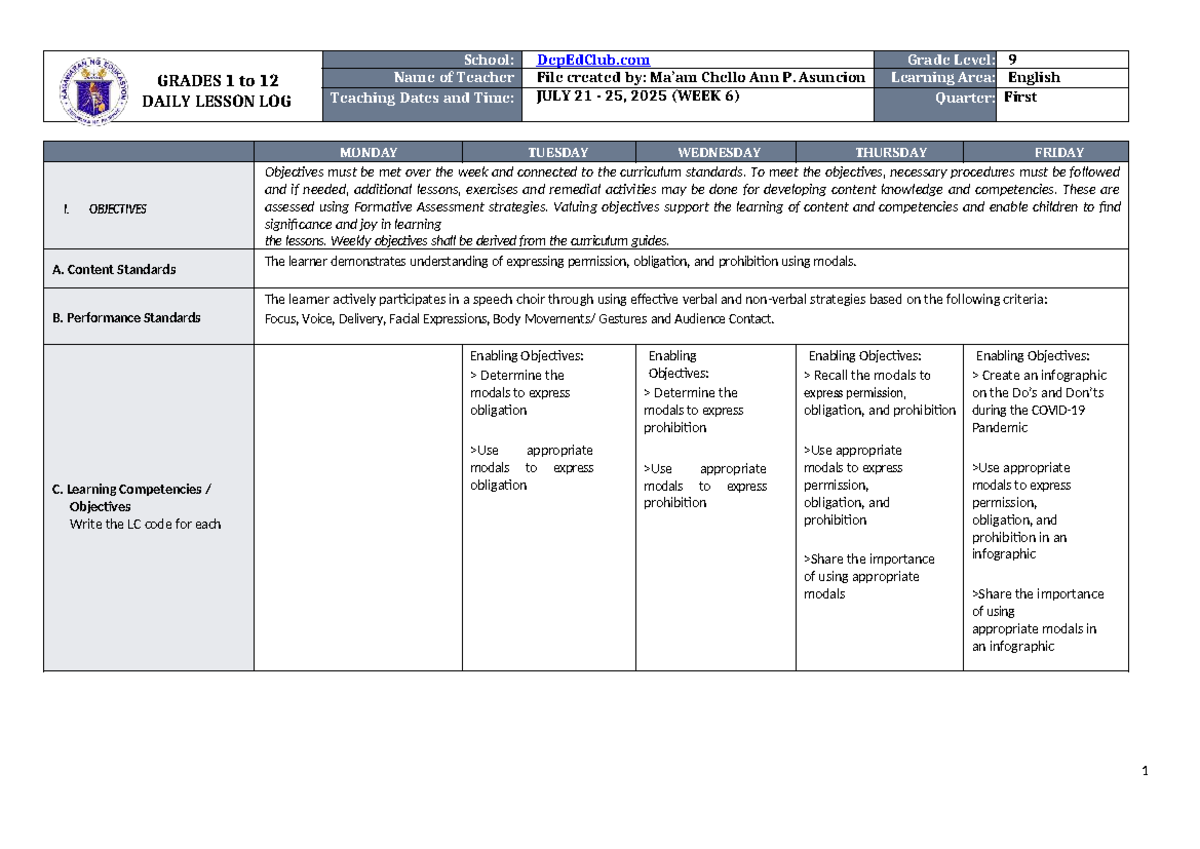 Q1W6Eng9 - Daily Lesson Log for English Grade 9 - Studocu