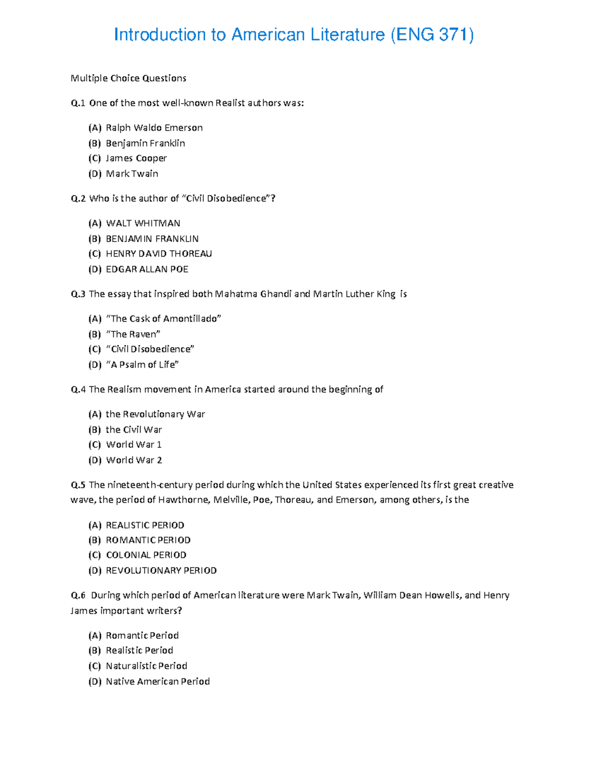 ENG 371: Introduction to American Literature MCQ Review - Studocu