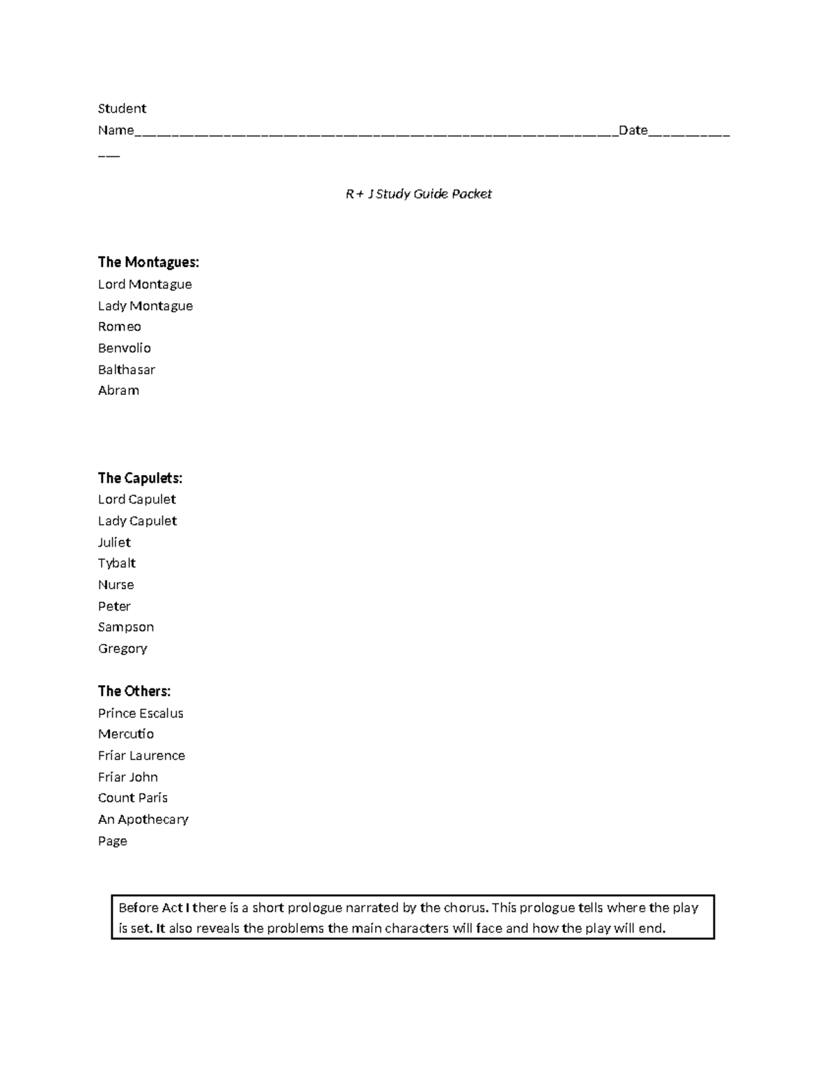 Romeo and Juliet Study Guide (ENG 101): Character Analysis & Prologue ...