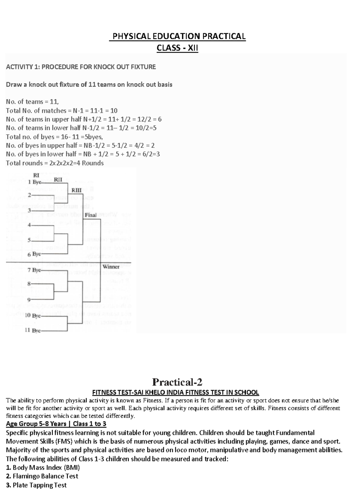 XII- Physical Education Practical: Knock Out Fixture & Fitness Tests ...