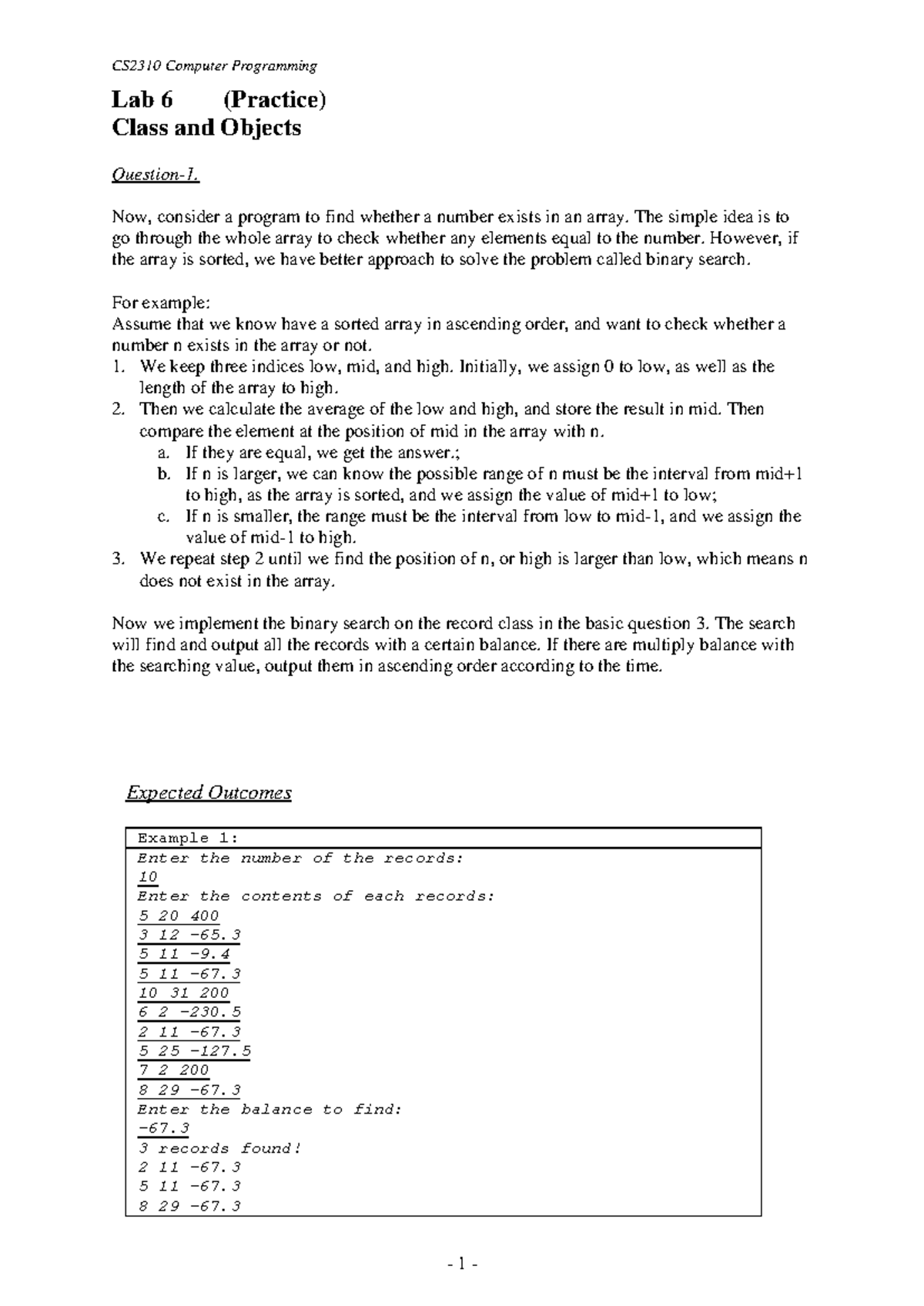CS2310 Lab 6 (Practice): Binary Search in Arrays and Records - Studocu