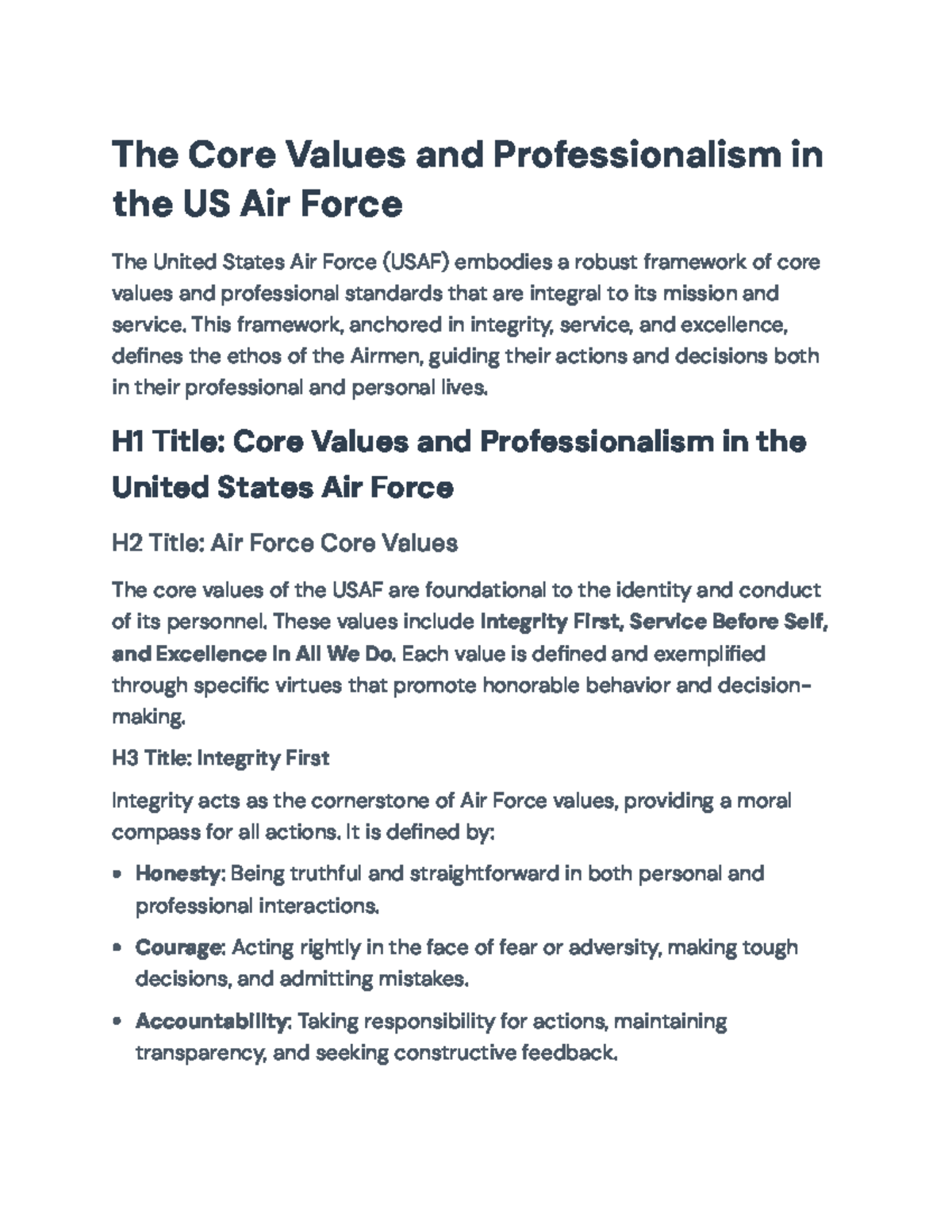 Core Values and Professionalism in the USAF - Overview and Insights ...