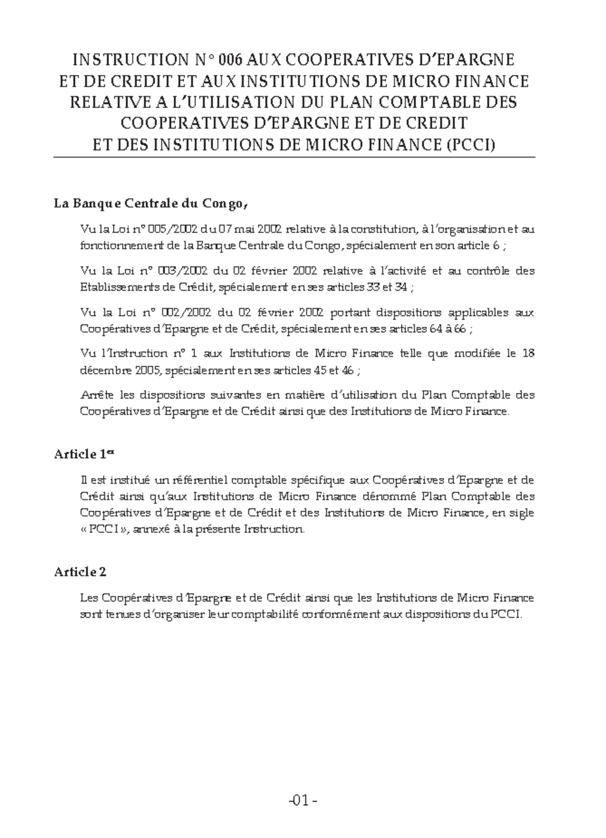 Instruction 006: Plan Comptable PCCI pour Coopératives et Micro Finance ...
