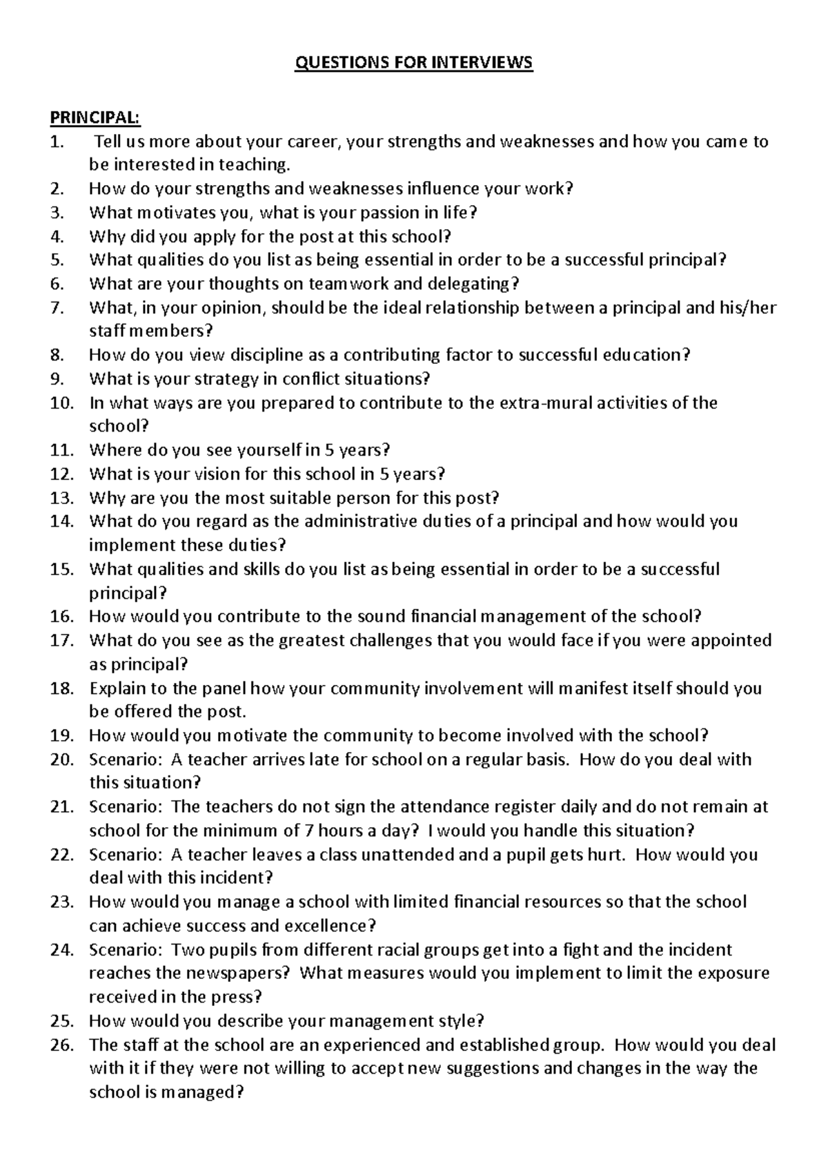 Interview Questions for Principals & Deputy Principals - Studocu