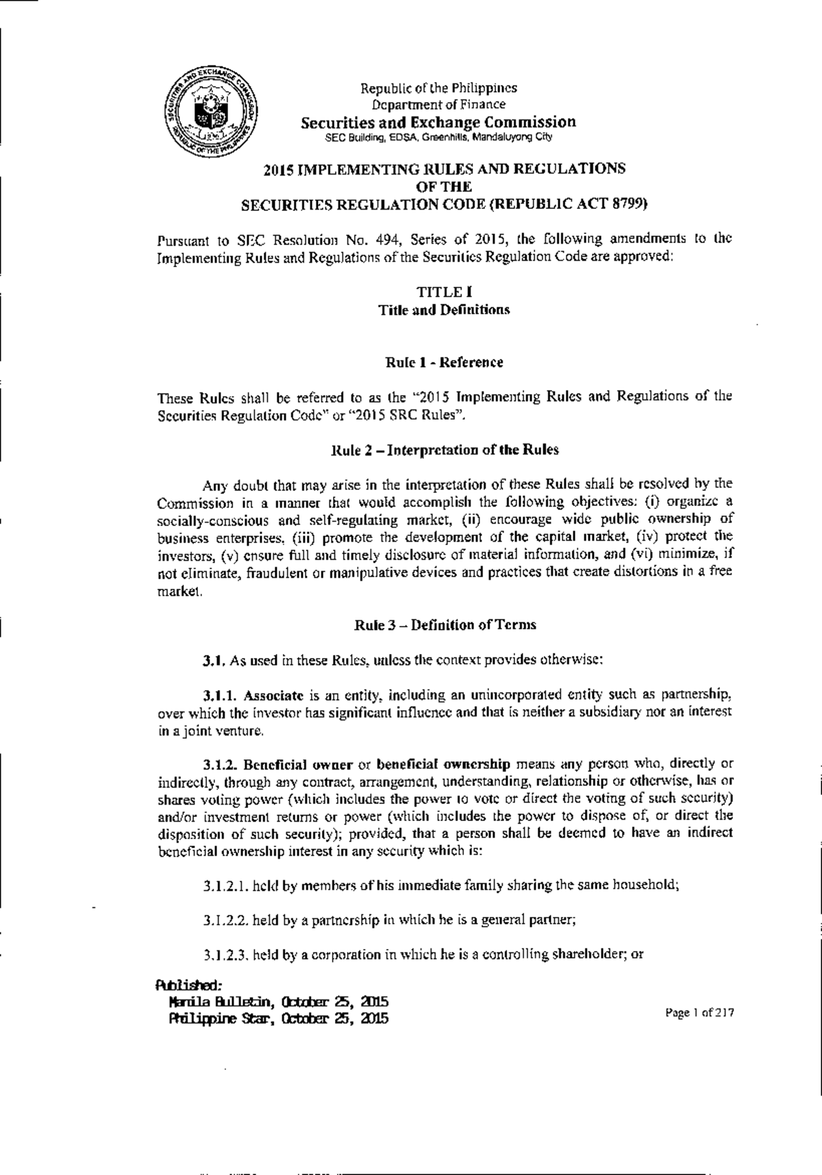2015 SRC Rules Published in Phil Star Manila Bulletin October 25 2015 ...