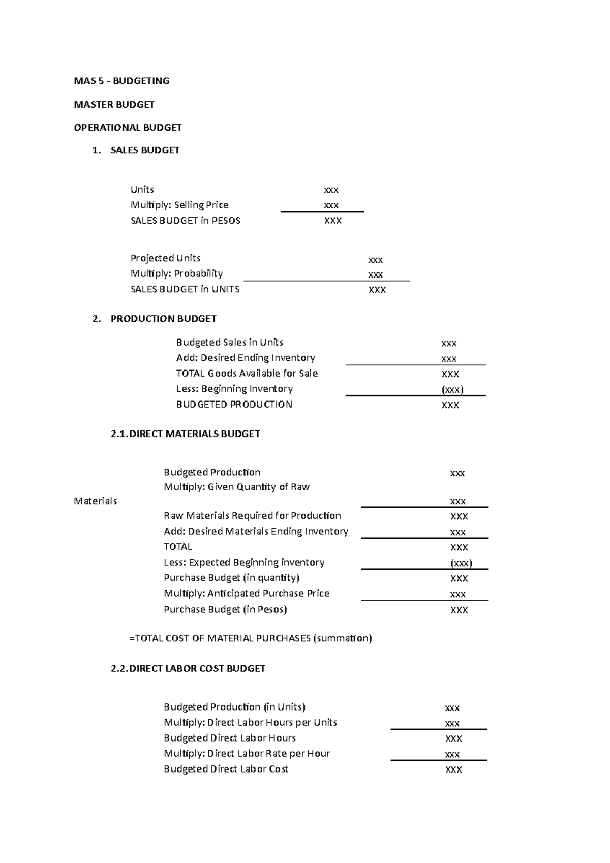 Budgeting- Formulas - Master Budget : Operating Budget and Financial ...