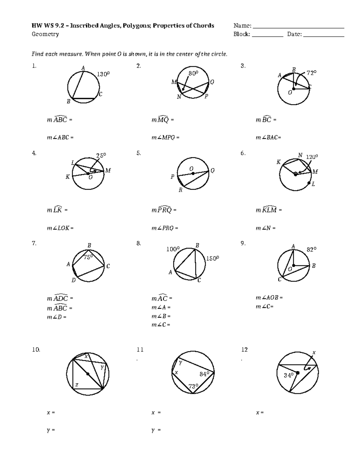HW WS 9.2 Geometry: Inscribed Angles & Chord Properties - Studocu