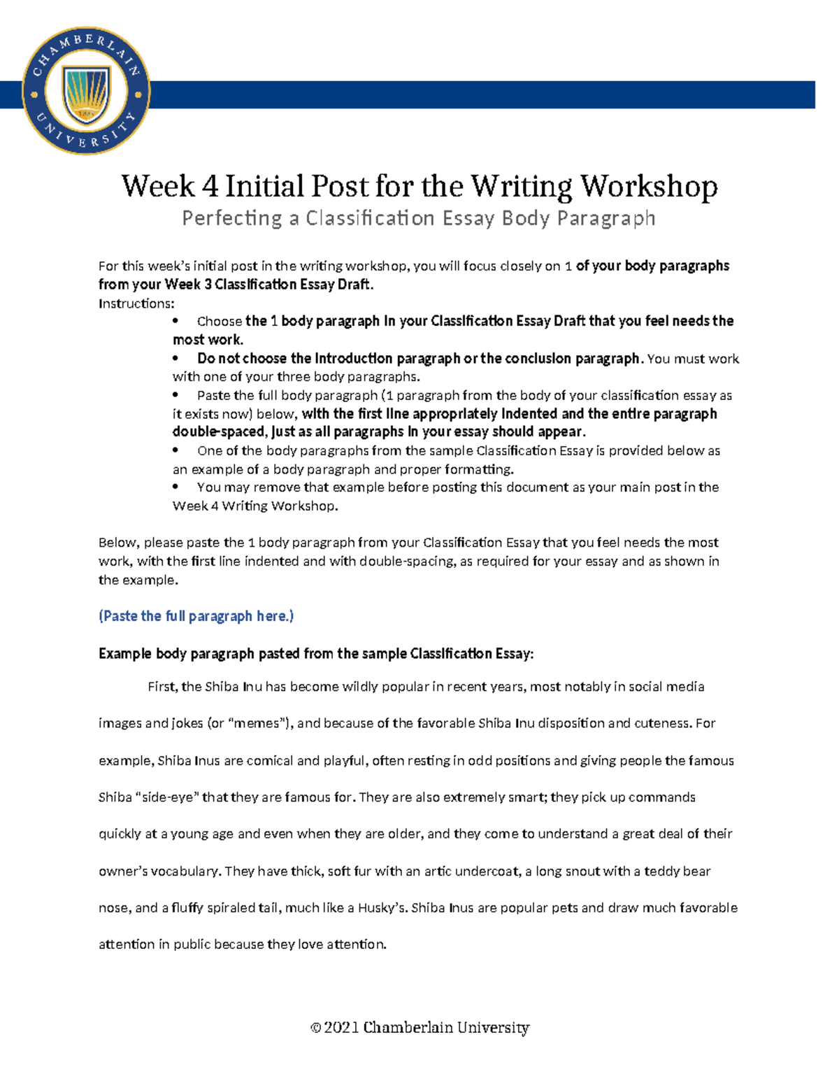 Week 4 Writing Workshop: Classification Essay Body Paragraph Focus ...