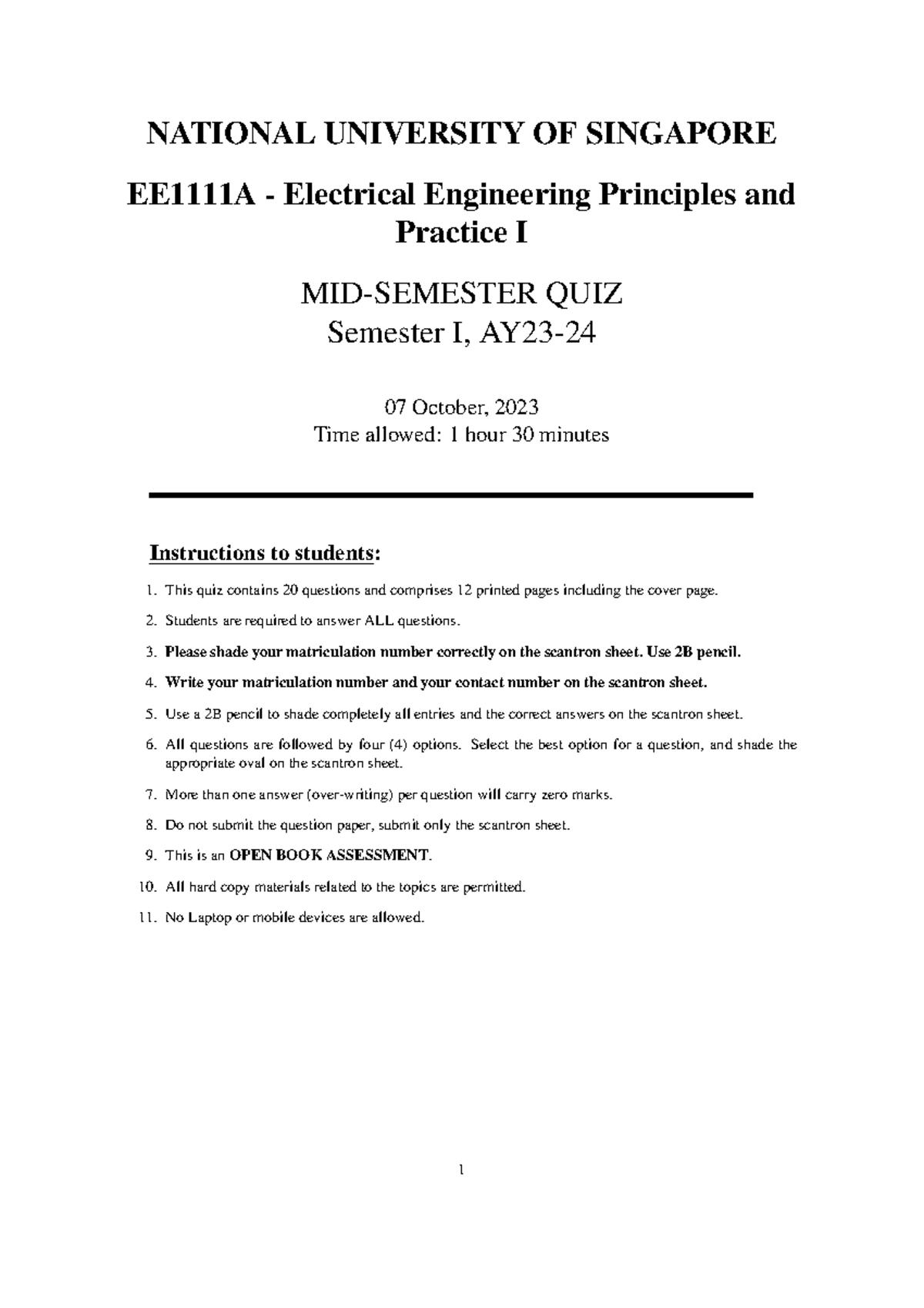 EE1111A - Electrical Engineering Principles and Practice I Quiz 1 - Studocu