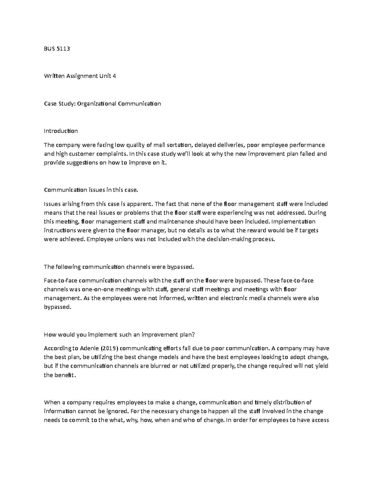 BUS 5113 - discussion assignment 5 - BUS 5113 Written Assignment Unit 4 ...