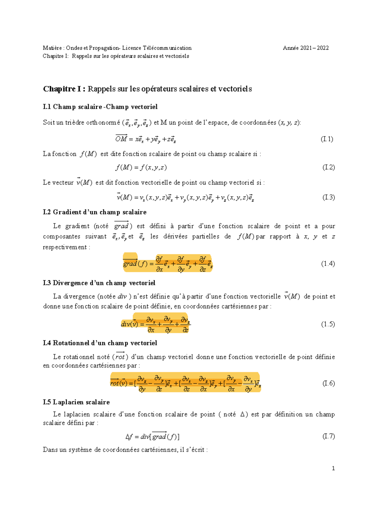 Chapitre I: Rappels sur les Opérateurs Scalaires et Vectoriels - Studocu