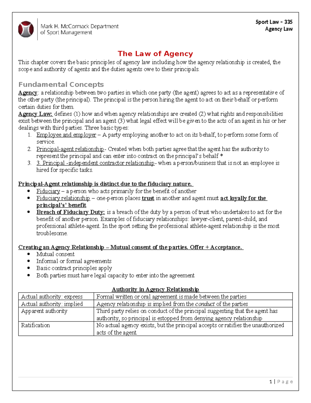 Fundamentals of Agency Law and Athlete Representation - Law 335 - Studocu