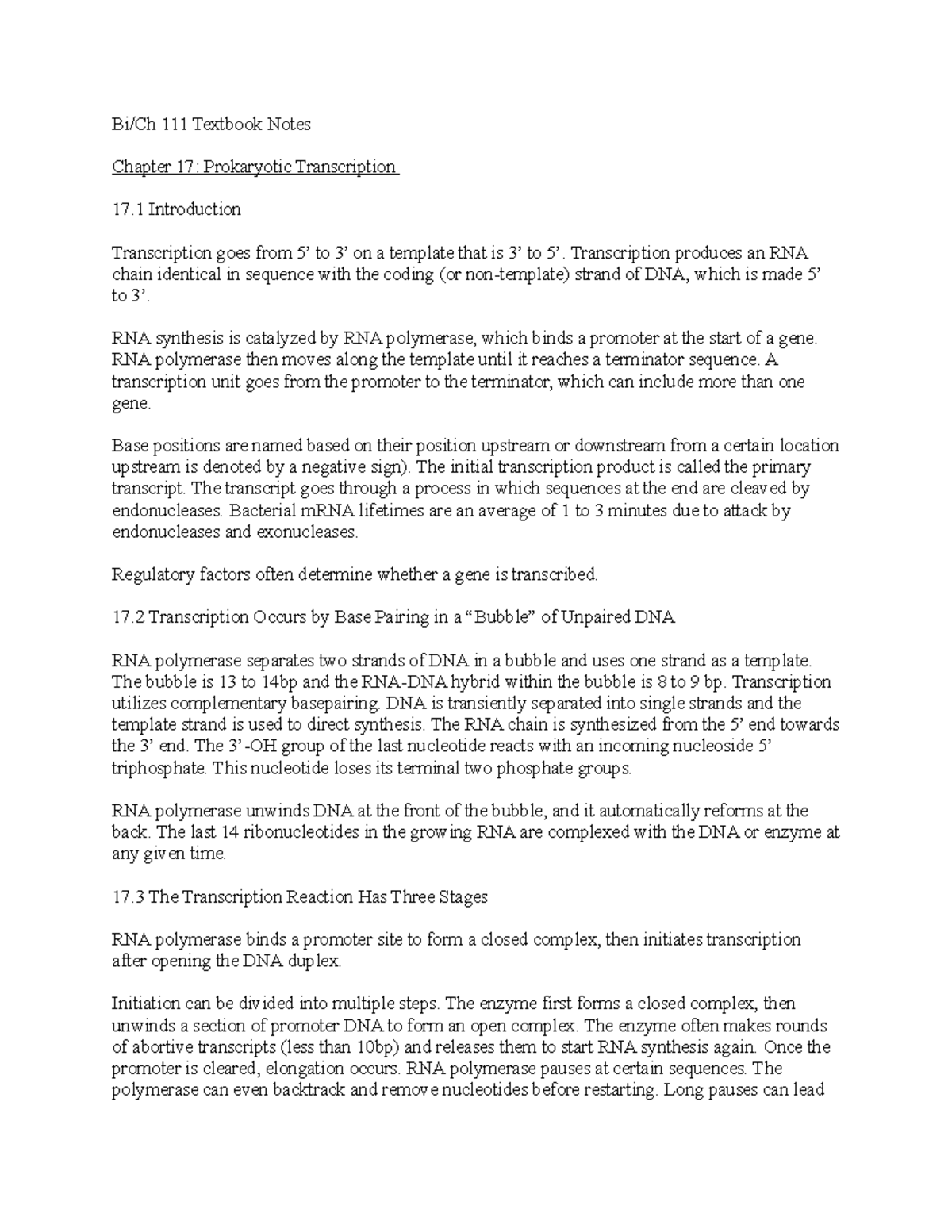Bi Ch 111 Chapter 17: Prokaryotic Transcription Summary Notes - Studocu