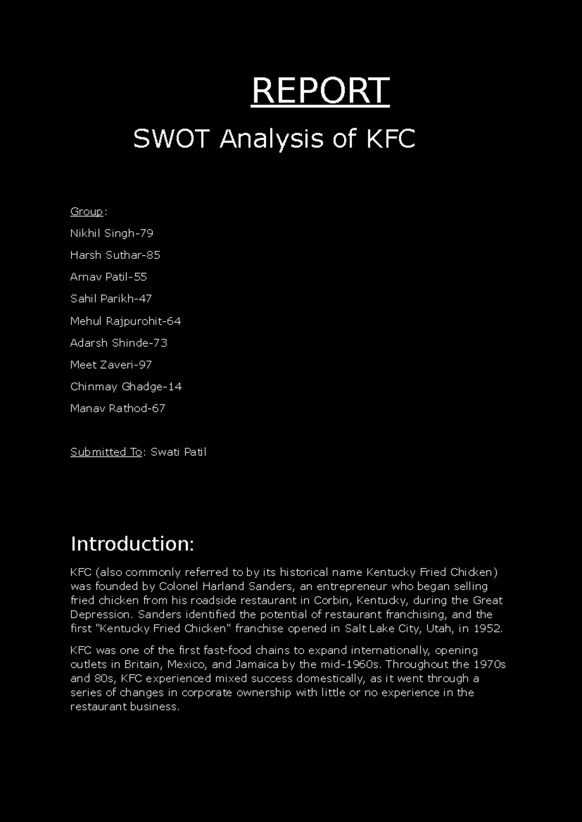 Project KFC - Swot analysis on KFC - REPORT SWOT Analysis of KFC Group ...