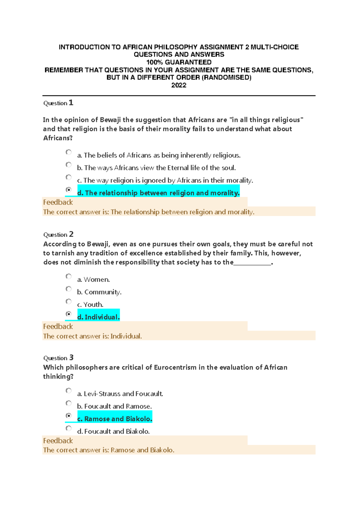 Assignment 2 Q&A: Introduction to African Philosophy (2022) - Studocu