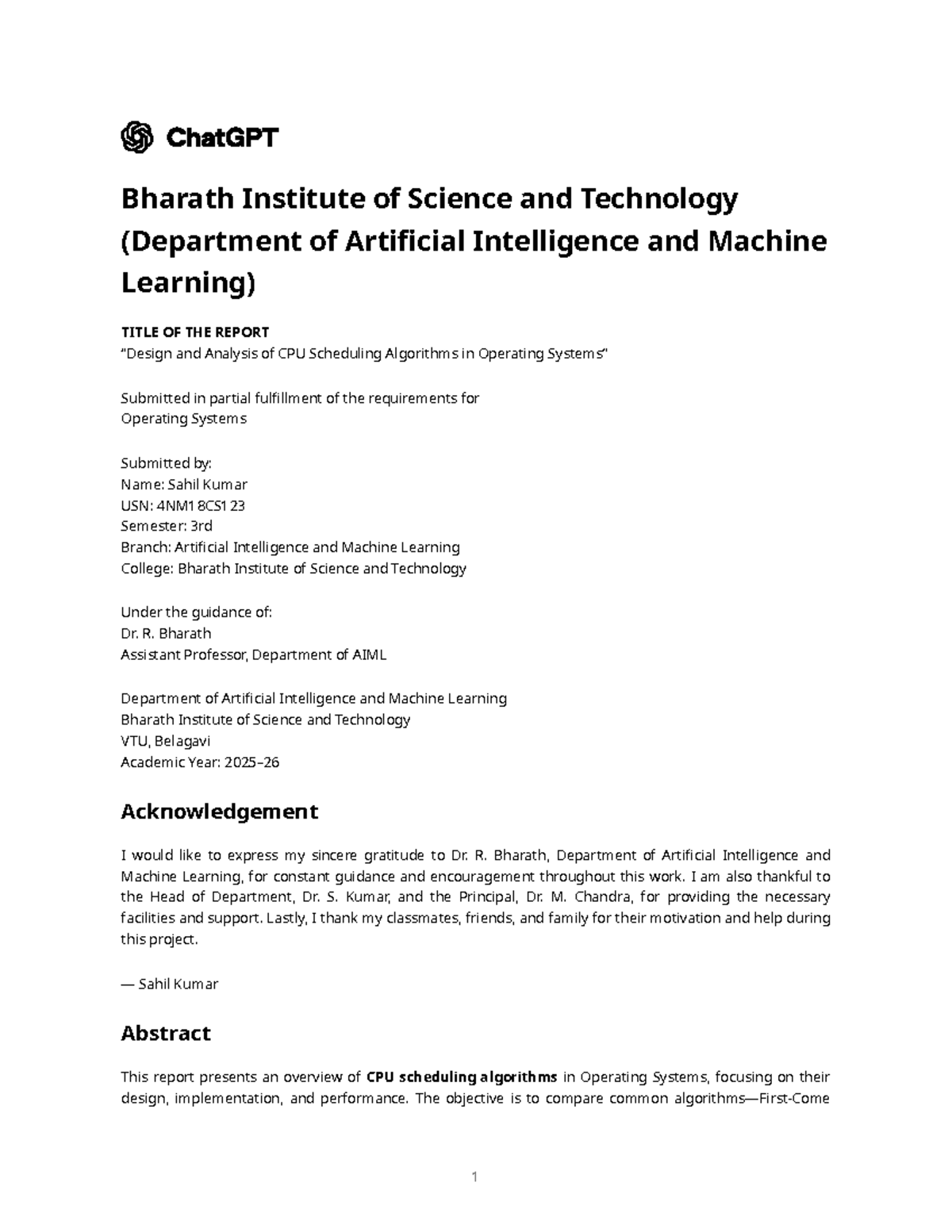 AIML 3rd Sem Report: Analysis of CPU Scheduling Algorithms in OS - Studocu
