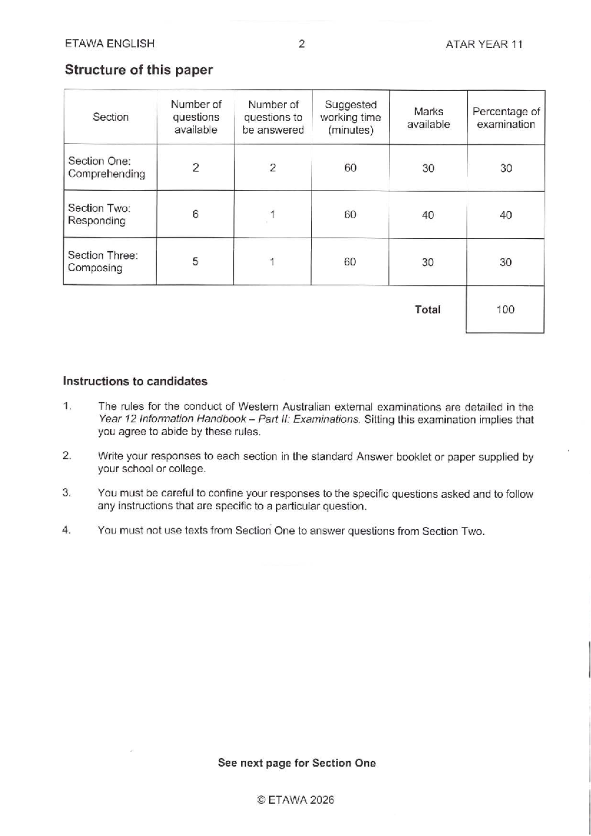 ETAWA ENGLISH 2 ATAR YEAR 11 Exam Structure Notes 2026 - Studocu