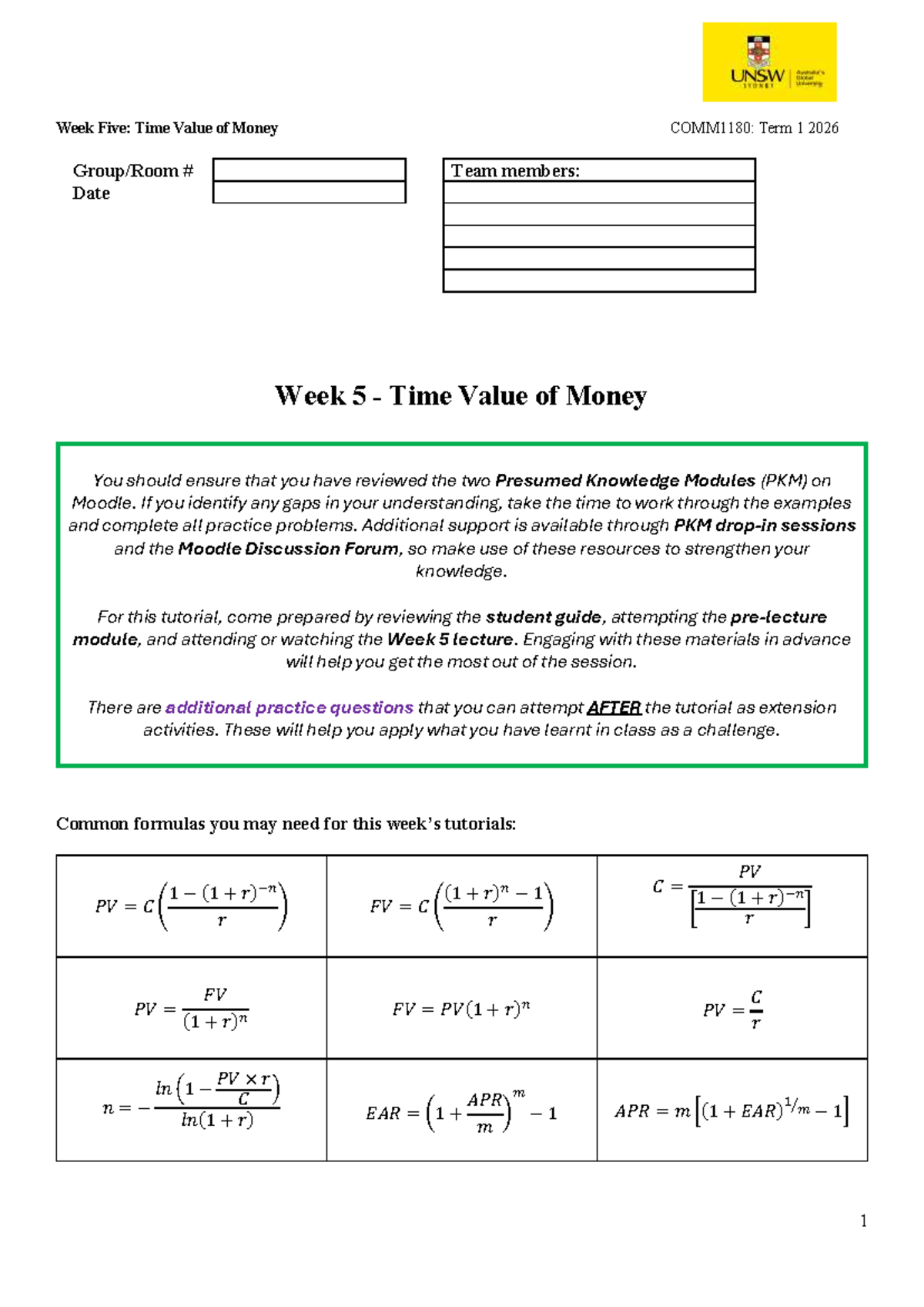 COMM1180: Week 5 Tutorial Worksheet on Time Value of Money - Studocu
