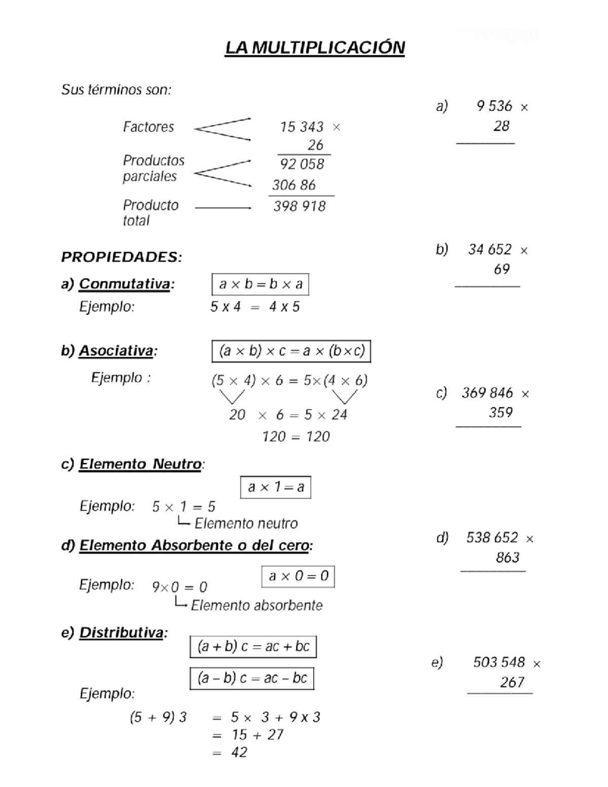 Multiplicacion Propiedades - LA MULTIPLICACIÓN Sus términos son: a) 9 ...