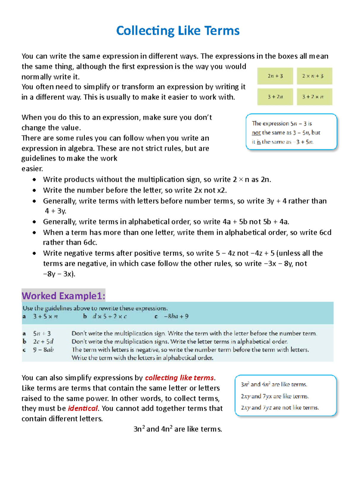 Collecting Like Terms - Algebra Class Notes (MATH101) - Studocu