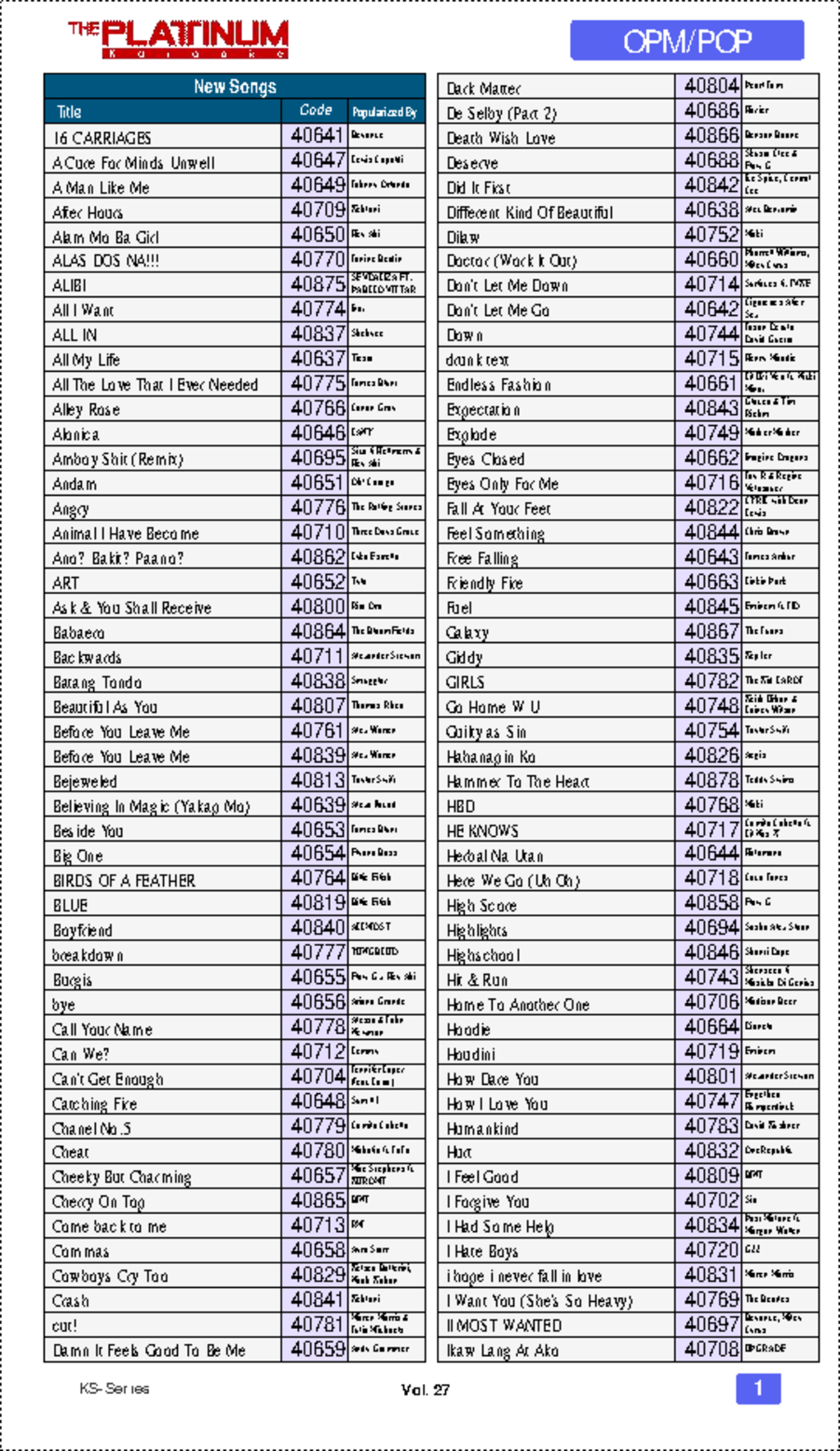 New Songs List KS-5 and KS-10 Vol 27 (Additional) - Studocu