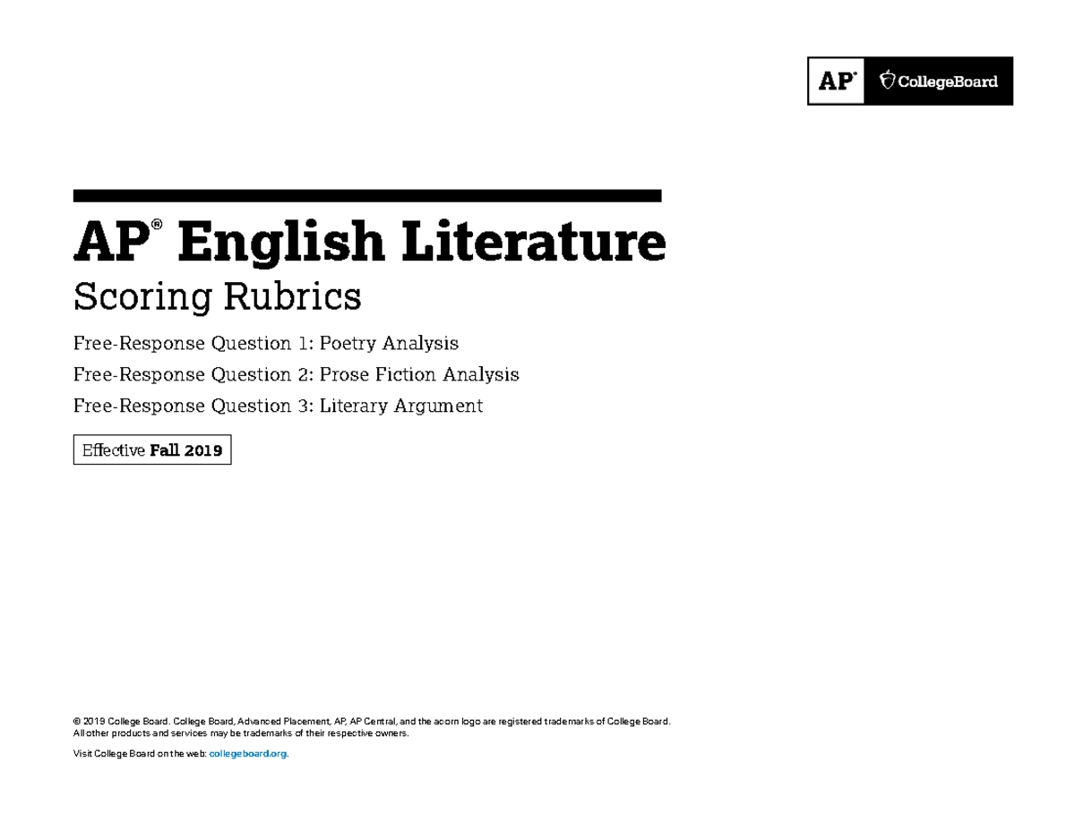 AP English Literature & Composition FRQ Scoring Rubrics (2019) - Studocu