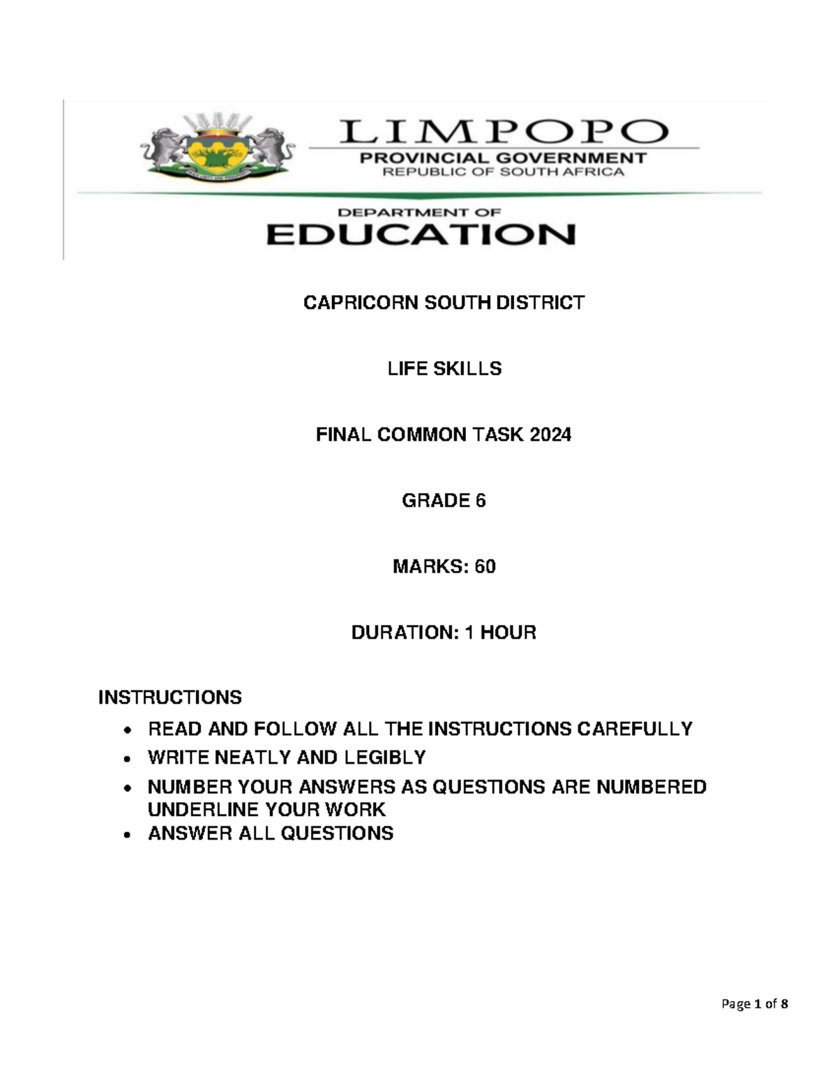 Grade 6 LIFE Skills Final Exam Question Paper - 2024 - Studocu