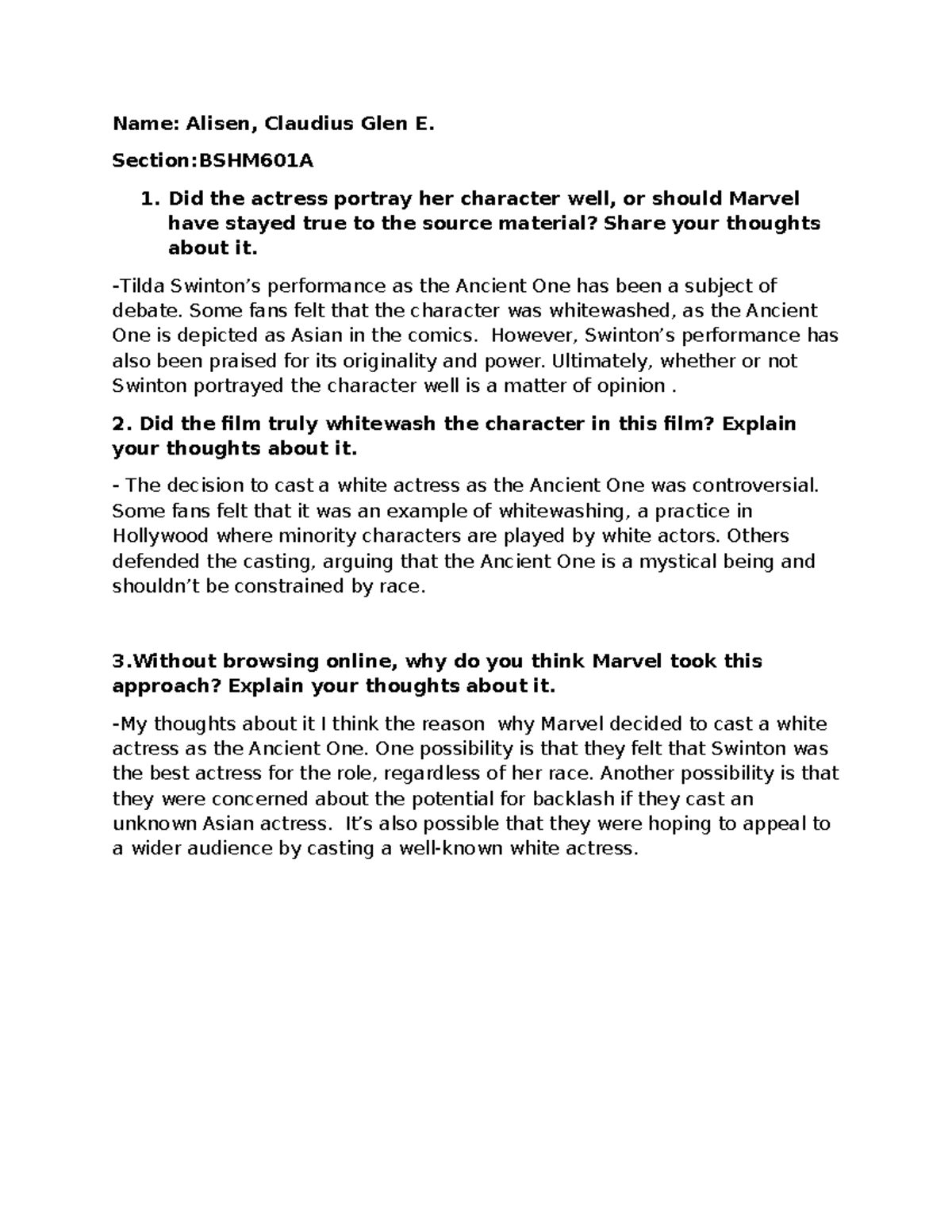 BSHM601A Essay Notes: Analysis of Whitewashing in Marvel Films - Studocu