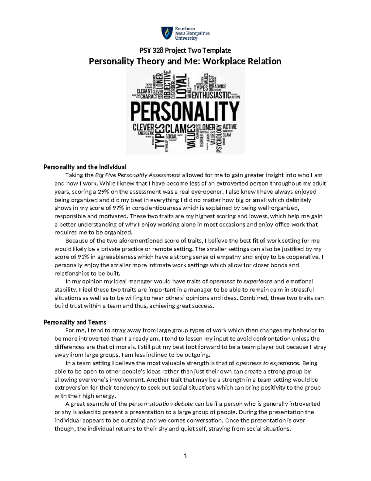 PSY 328 Project Two Template - PSY 328 Project Two Template Personality ...
