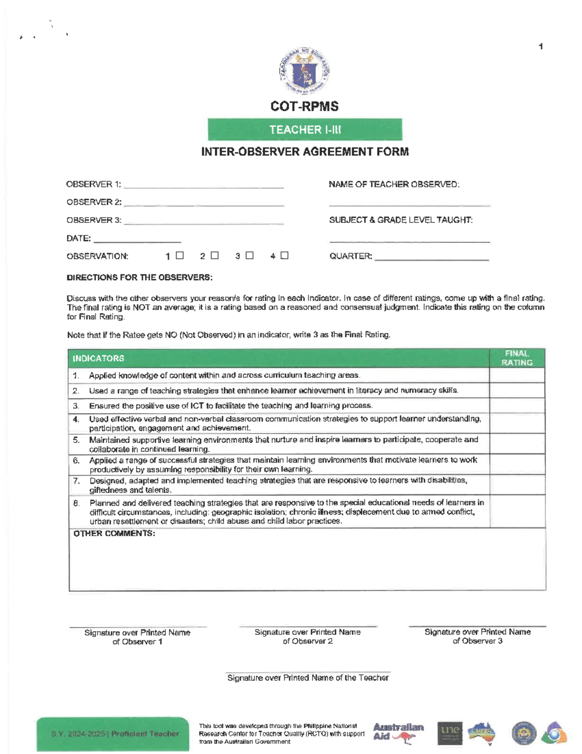 Cot-rating-sheet - class obsevation - 1 NG TEACHER AGREEMENT FORM ...