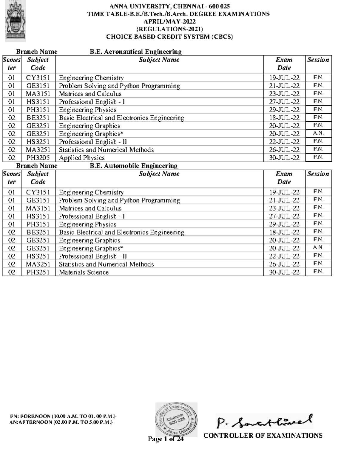 Anna University B.E. Time Degree Exams CBCS - Subject Codes & Dates ...