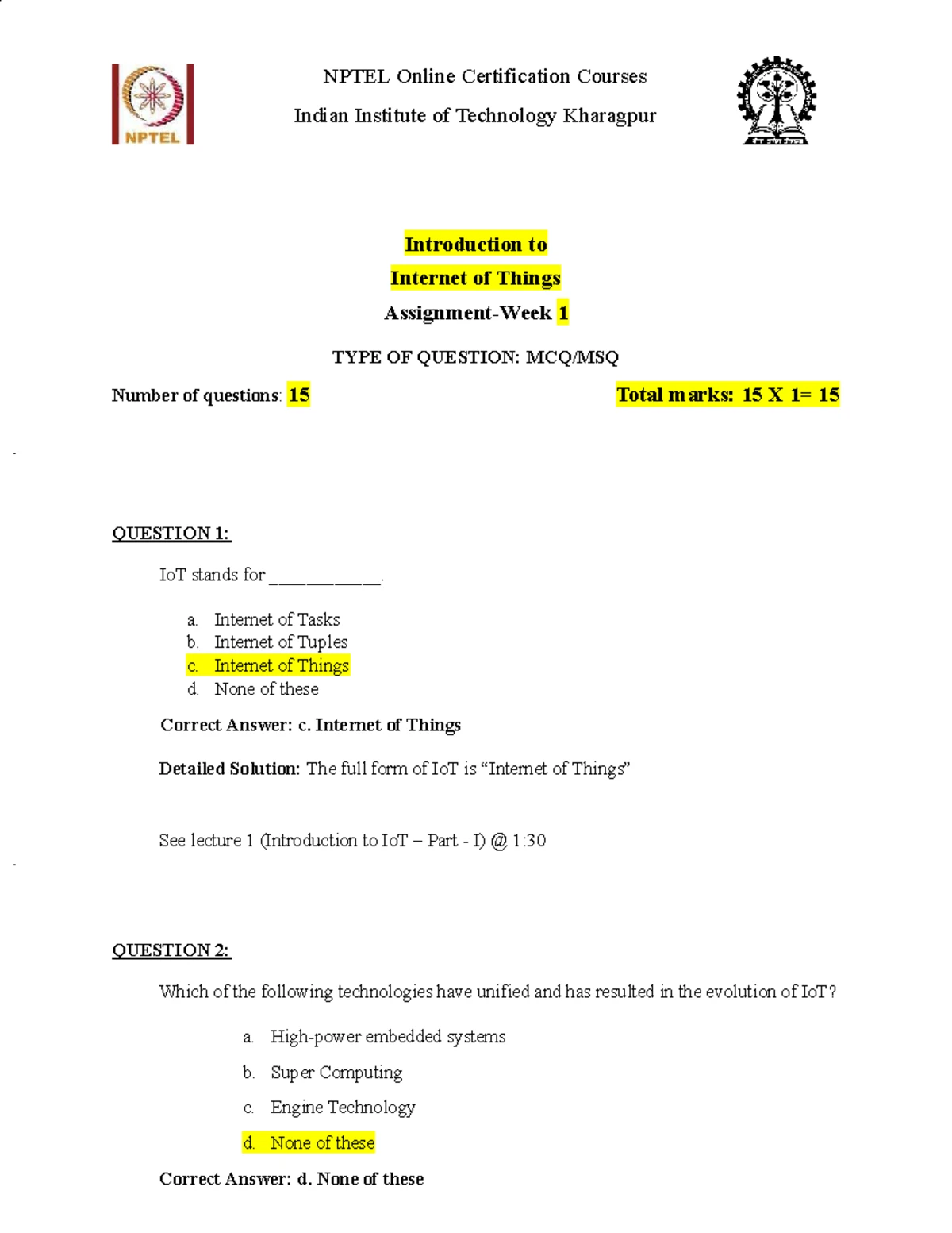 [ Nptel] Introduction to IoT All Week Assignments (Weeks 0-2) - Studocu