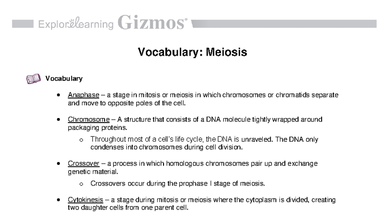 BIOL 101: Meiosis Vocabulary and Key Terms - Studocu