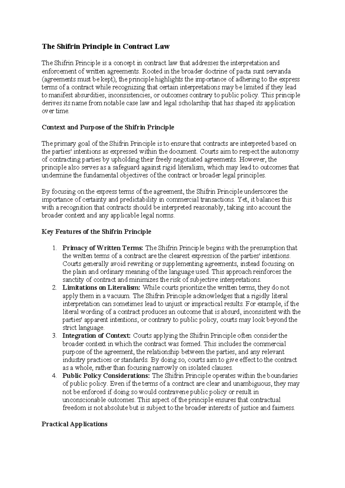 Contract Law: Understanding the Shifrin Principle's Key Features - Studocu