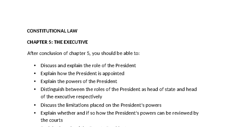 CONSTITUTIONAL LAW CHAPTER 5: THE EXECUTIVE BRANCH OVERVIEW - Studocu
